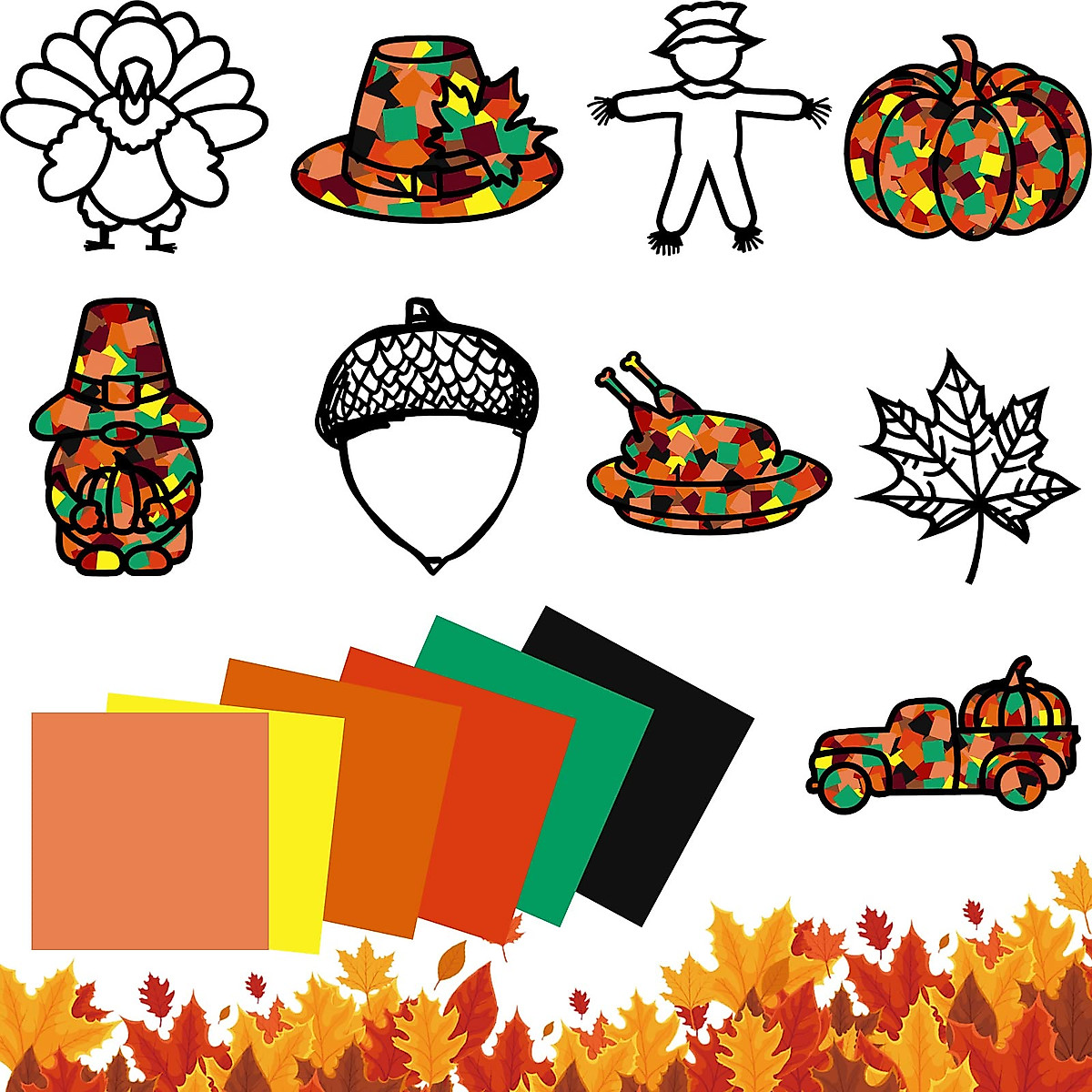 Gueevin 18 Sets Thanksgiving Stained Glass Effect Paper Suncatchers Thanksgiving Suncatcher Kit DIY Suncatcher Paper with tissue paper and glue sticks for Children Window Classroom Arts and Crafts
