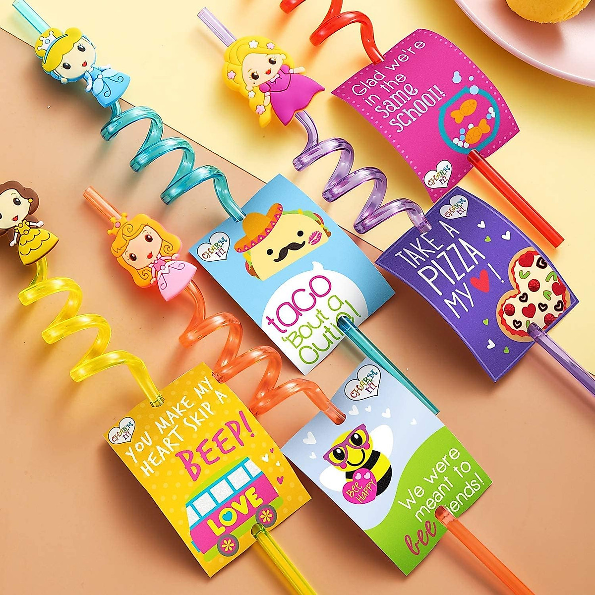 Lidmada 25Pcs Princess Party Favors Straws with 2 Cleaning Brushes, 5 Designs Reusable Plastic Straws Great for Princess Themed Birthday Party Supplies for Girls Kids