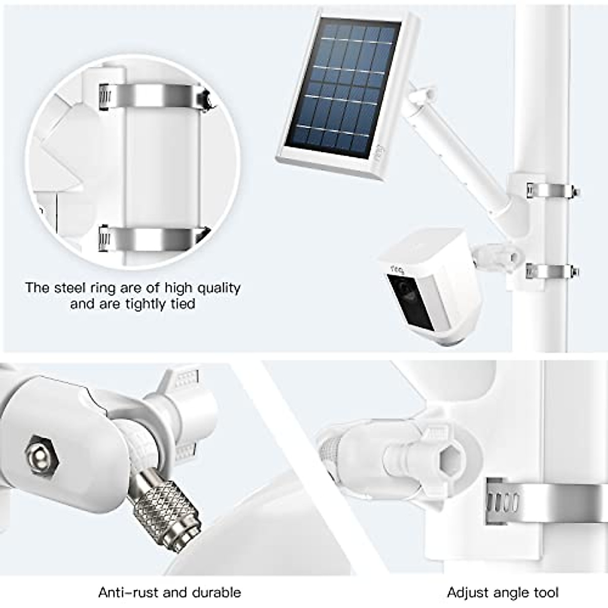 OkeMeeo 2 in 1 Pole Mount for Ring Solar Panel, Ring Super Solar Panel, Ring Spotlight Cam and Ring Stick Up Cam for Maximum Sunlight and Wider View (White)