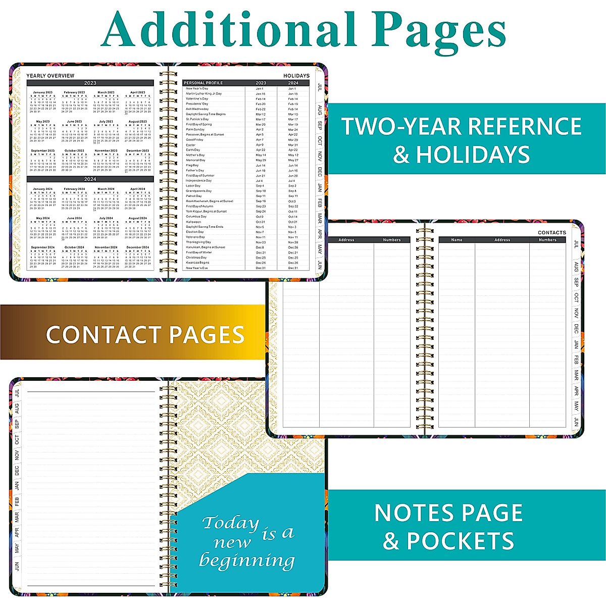 2023 Planner, Jul. 2023 – Jun. 2024, Academic Planner 2023-2024, 8.4" x 6.2" with Weekly ＆ Monthly Spread, Spiral Planner Notebook, Elastic Closure, Inner Pocket, Coated Tabs, Floral
