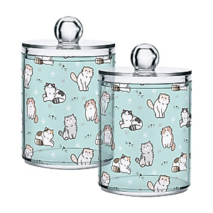 Cartoon Cat Pastel Green 2 Pack Qtip Holder Organizer Dispenser Plastic Bathroom Jars Storage Containers with Lids Clear Bathroom Organizer Dispenser for Bathroom Accessories