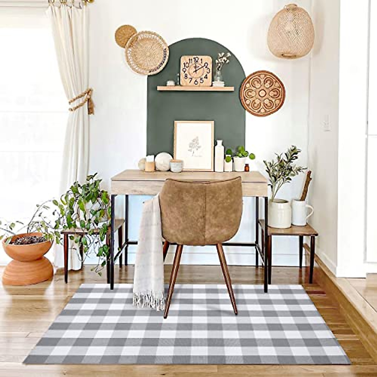 EARTHALL Buffalo Plaid Outdoor Rug Grey 3' x 5', Cotton Hand-Woven Checkered Door Mat, Reversible Foldable Washable Gray Outdoor Rug Plaid for Layered Door Mats Porch/Front Door/Living Room