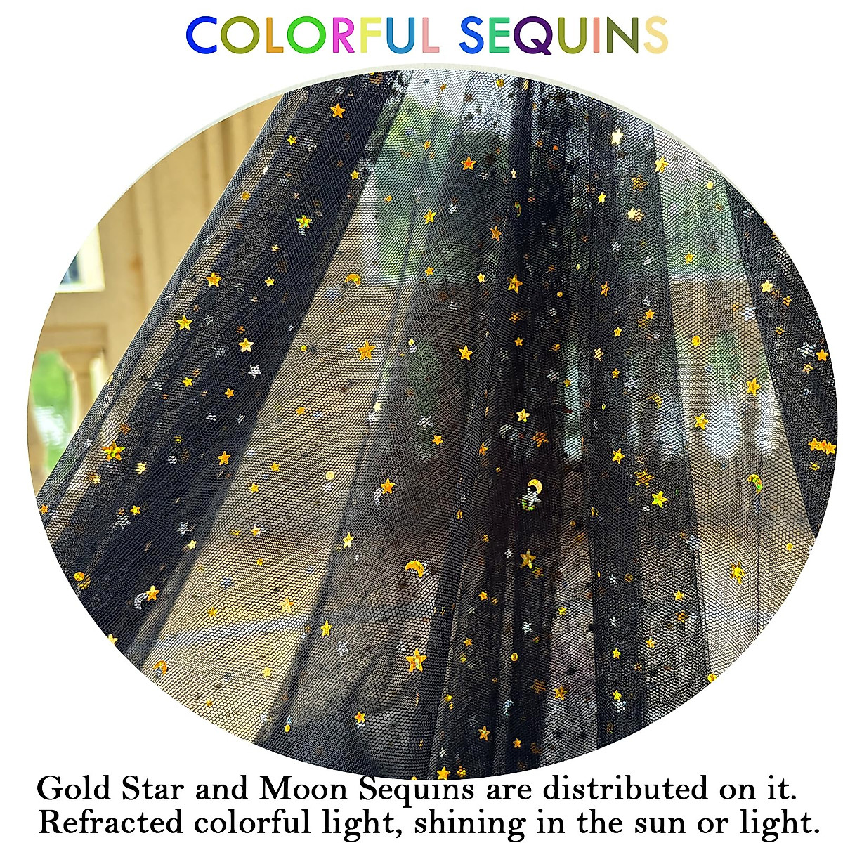Black Glitter Tulle Fabric Rolls 63 inch by 5 Yards Gold Star Moon Sequin Tulle Netting Fabric for Tutu Skirt Sewing DIY Crafts Wedding Birthday Baby Shower