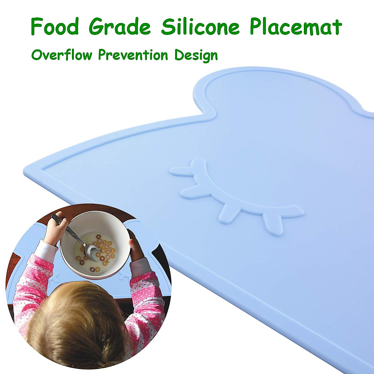 M MOACC Toddlers Non-Slip Silicone Placemat Cute Bear Kids Placemats Washable Dining Table Food Mat for Children Baby,Blue