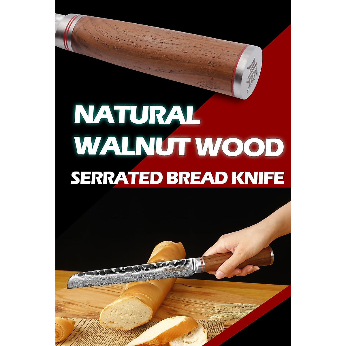 YOUSUNLONG Bread Knives 8 inch Serrated bread knife - Japanese Damascus Steel Natural Walnut Wood Handle - Cut bread, baguette, butter