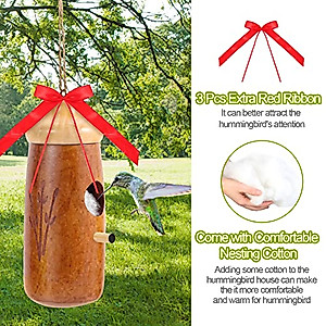 Hummingbird House with Small Feeder, FITTDYHE Natural Wooden Hummingbird Houses for Outside Hanging for Nesting, Hummingbird Swinging Hummingbird Nest Bird Houses for Garden Window Outdoor