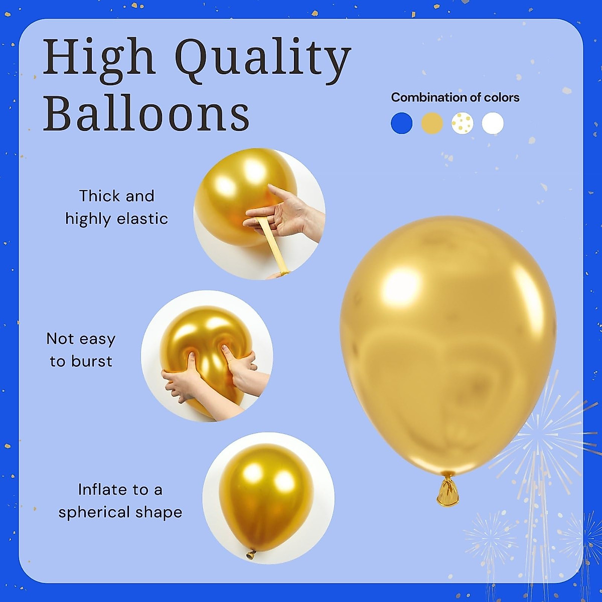 BAUANOOY Royal Blue Gold White balloons, 60pcs 12 Inch Navy Blue Metallic Gold Confetti Balloon for Wedding Graduation Baby Shower Birthday Decorations