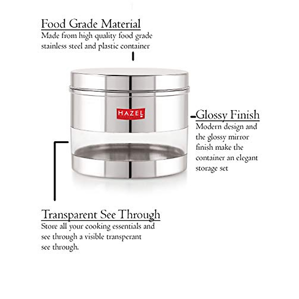 HAZEL Stainless Steel Containers Set For Kitchen Storage Transparent See Through Glossy Finish Storage Jars Dabba, Set of 5, 2000 ML Each, Silver