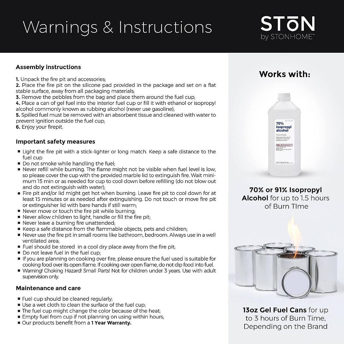 Stonhome Tabletop Fire Pit Bowl - The Original Marble Portable Fireplace, Indoor Outdoor, Mini Fire Pit Clean Burning Real Flame for Patio Balcony, S’Mores Maker (White)