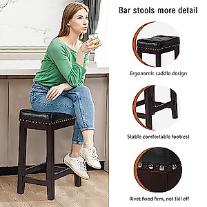 Backless Bar Stools Set of 2, 24 Inch Saddle Seat Bar Stools Counter Height with Footrest, PU Leather Kitchen Counter Stools Set of 2(Brown)
