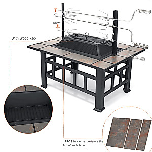 SINGLYFIRE 37 Inch Fire Pit Table with Grill for Outside Large Square Wood Burning firepit Heavy Duty Steel Bonfire Pit Cooking with Spark Screen Log Grate Poker for Backyard Garden Camping