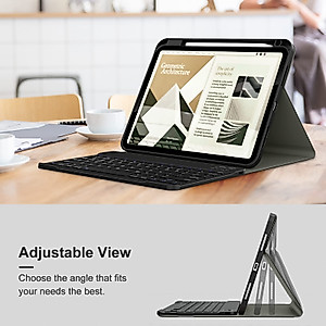 Bokeer Keyboard Case for iPad 10th Generation 2022, Leather Folio Smart Cover with Pencil Holder, Magnetically Detachable Wireless Bluetooth Keyboard [Micro USB Charging, Multi-Angle]-Black