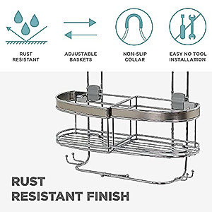 Zenna Home Hanging Shower Caddy, Over the Shower Head Bathroom Storage, Stainless Steel, For Handheld Shower Hoses, Rust Resistant, No Drilling, Expandable Organizer, 4 Baskets, Razor Holders, Hooks