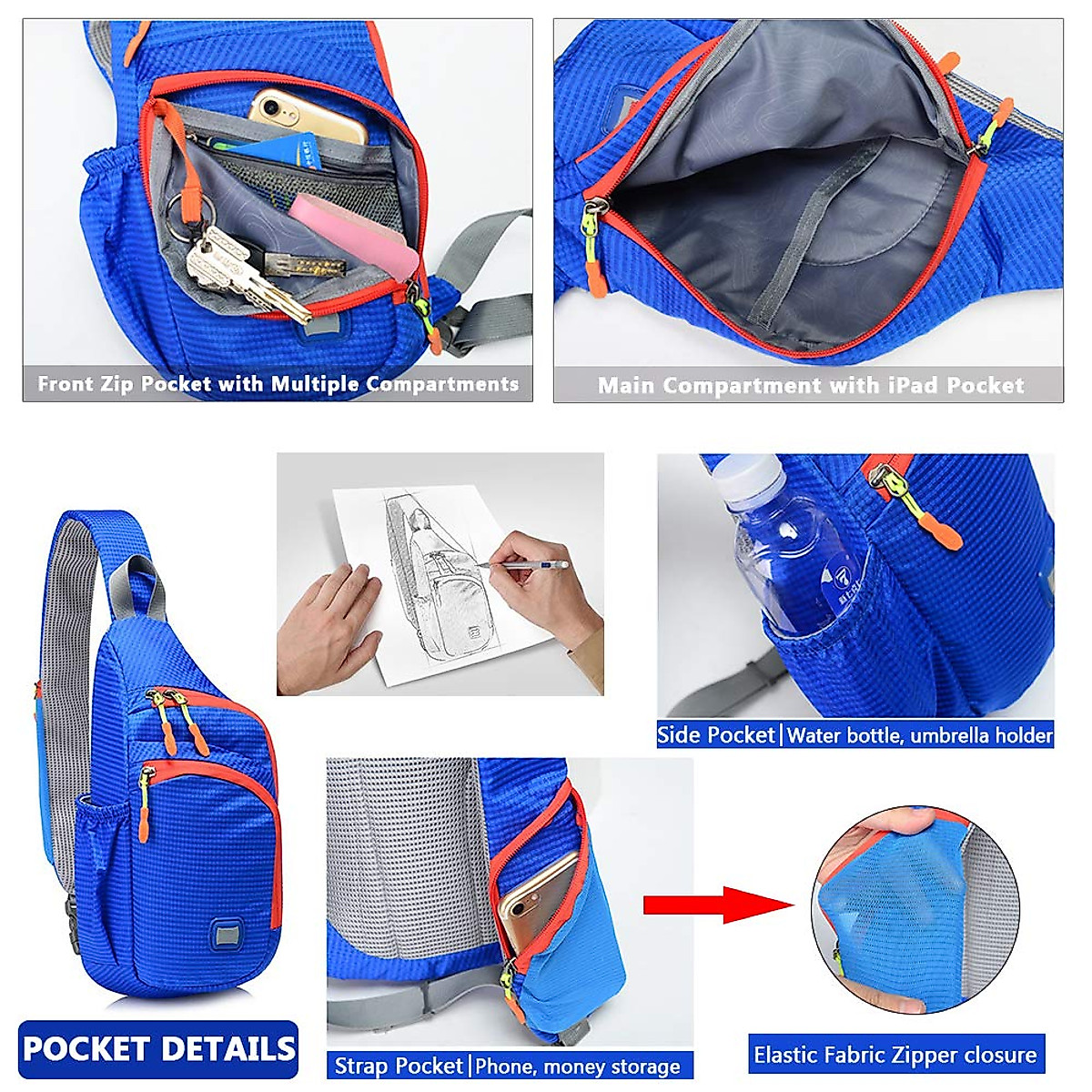 Peicees Medium Sling Backpack Waterproof Unisex Shoulder Bag Chest Crossbody Daypack
