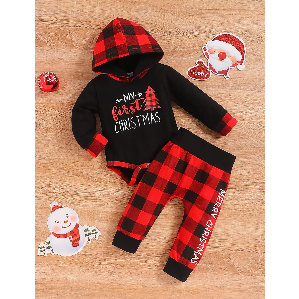 bilison My 72st Christmas Infant Baby Boy Outfits Set Newborn Boy Hoodies Sweatshirt Red Plaid Romper+Pant clothing Set
