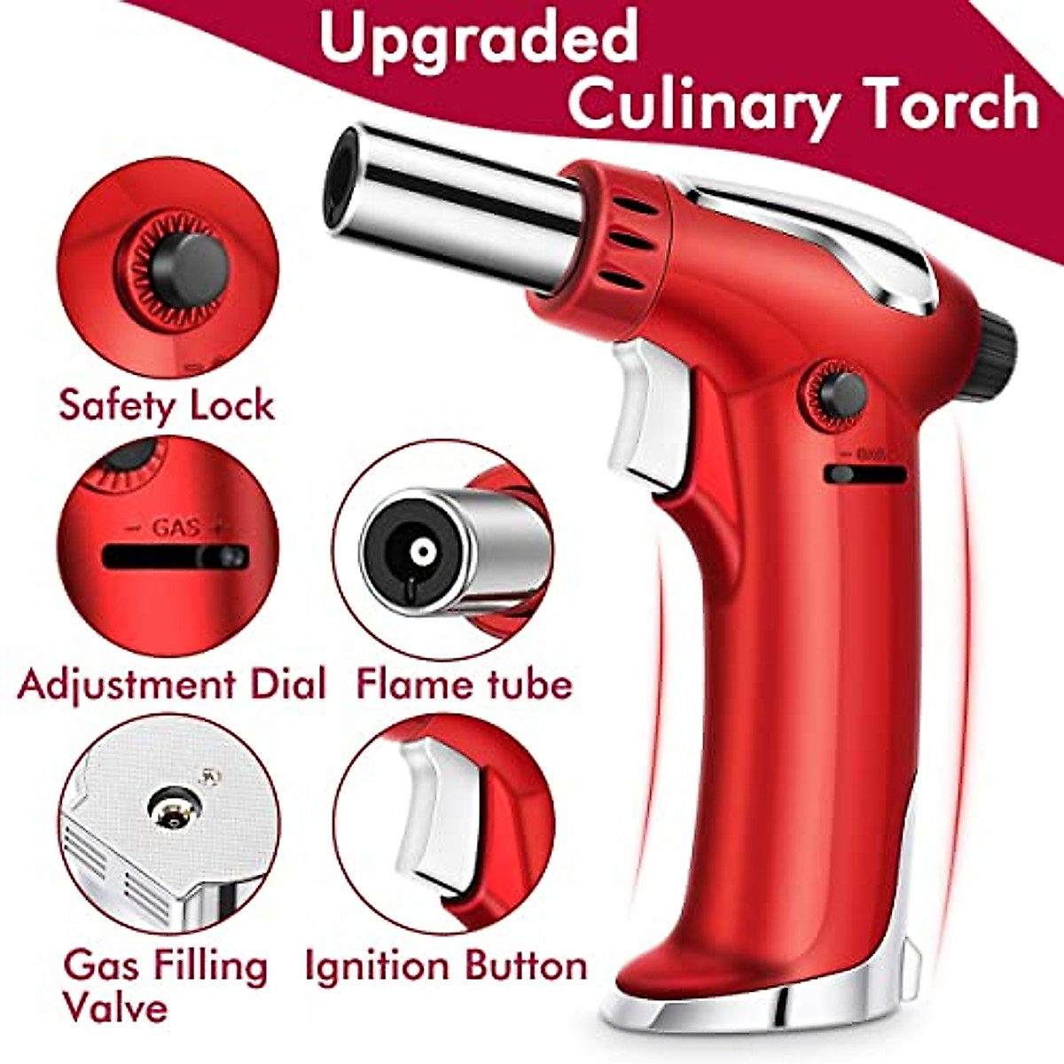 Butane Torch, Vimzone Torch Lighter with Safe Lock, Adjustable Flame Blow Torch, Fit All Butane Tanks Kitchen Torch for BBQ, Baking, Brulee Creme, and Desserts (Butane Gas Not Included) Red…