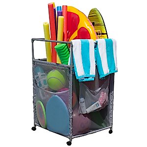 Pool Bins Rolling Pool Noodle Storage Organizer Bin, Standard Noodle Holder (25.4" W x 26" L x 40.5" H), Gray