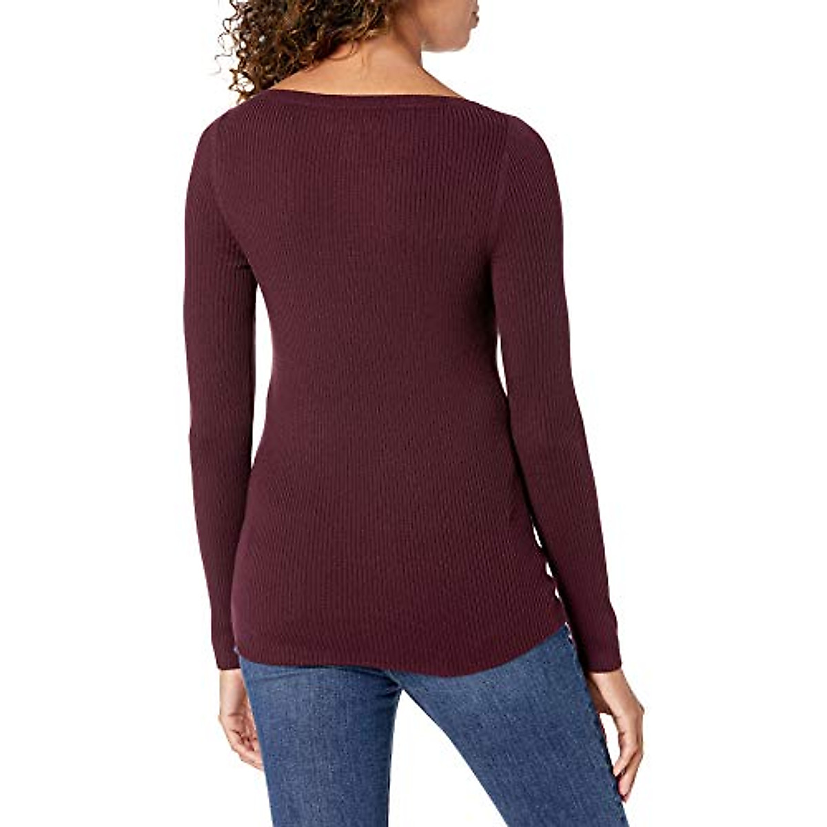 Amazon Essentials Women's Lightweight Ribbed Long-Sleeve Boat Neck Slim-Fit Sweater, Burgundy, Large