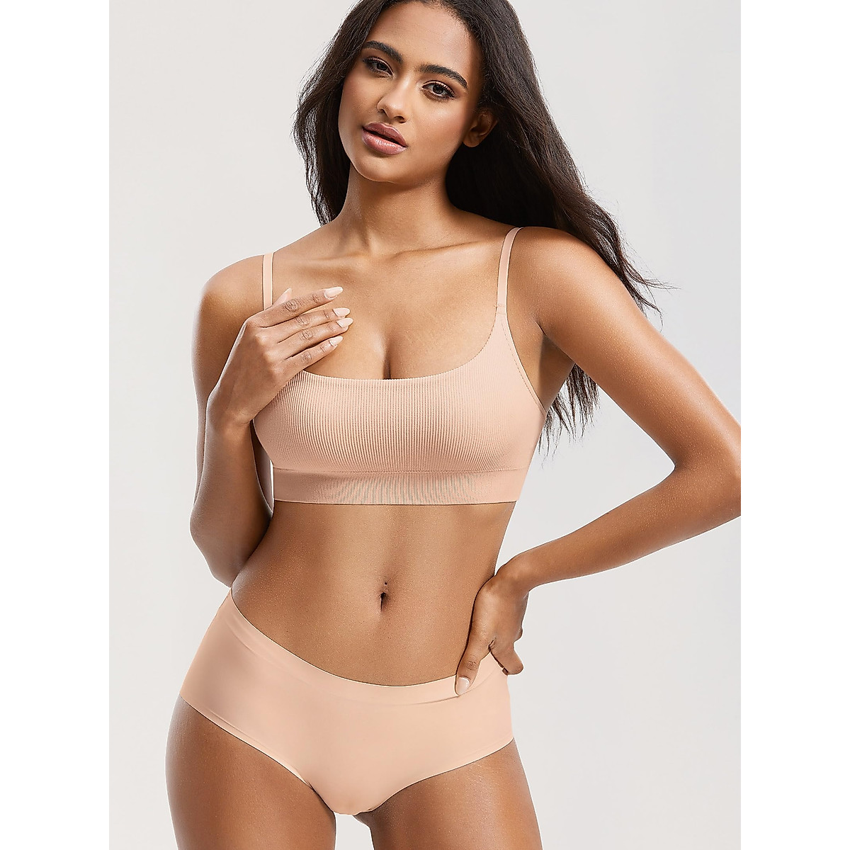 DOBREVA Women's Bralettes No Underwire Bras Support Padded Wireless Ribbed Seamless Bra Removable Pads Push Up Inserts Beige X-Large