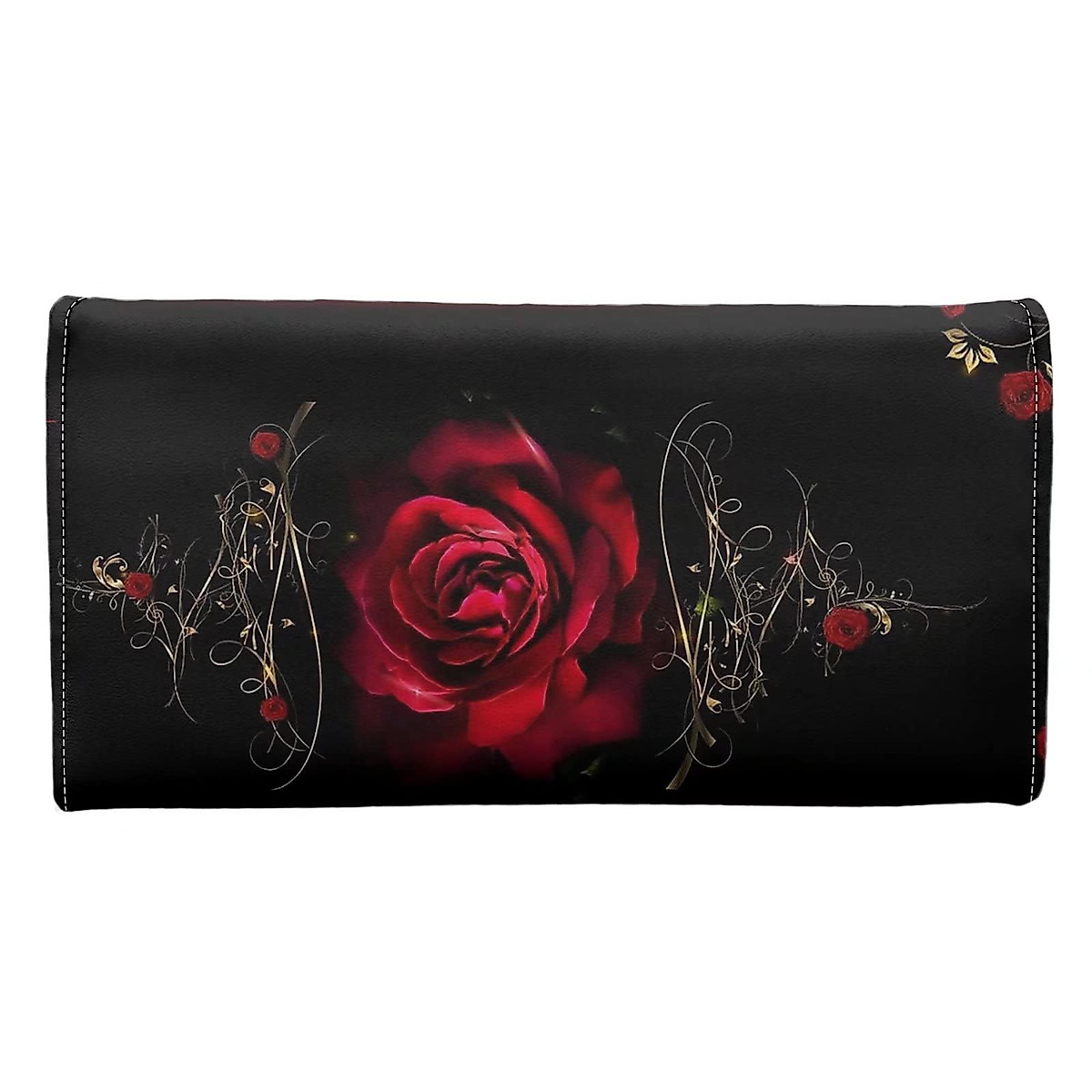 Howilath Red Rose Flower Pattern Women Trifold Wallet Large Capacity Credit Card Holder Organizer Clutch Purse Travel Money Bags