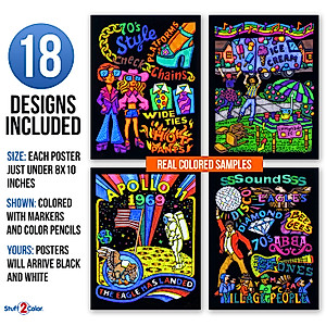 Stuff2Color Super Pack of 18 Fuzzy Velvet Coloring Posters (Decades Edition: 50's, 60's, 70's) - Great for Family Time, Arts & Crafts, Travel, At Home, Care Facilities [All Ages Coloring: Girls, Boys, Adults, Toddlers, Teens]