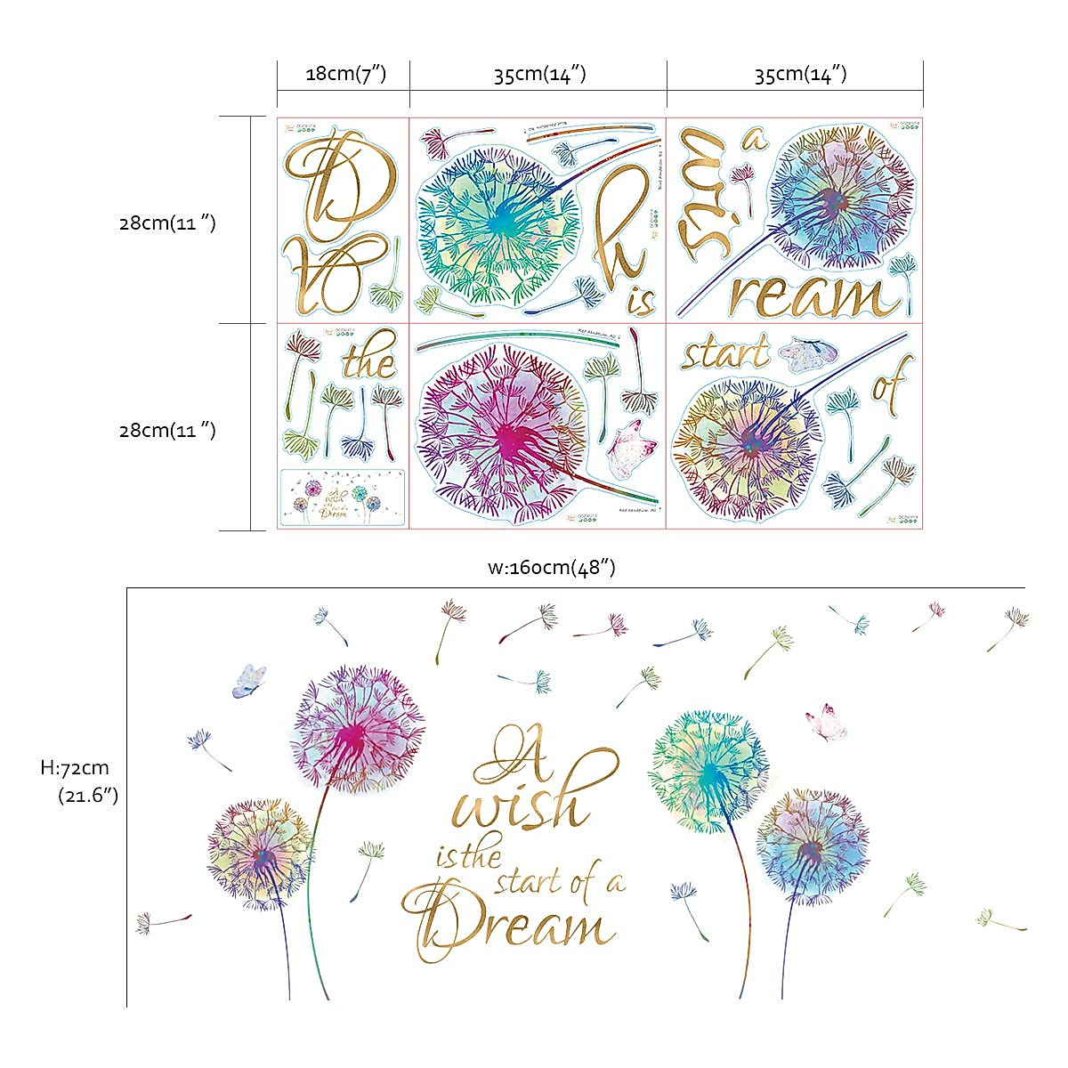 Runtoo Colorful Dandelion Wall Decal Inspirational Quotes Gold Wall Art Stickers Living Room Bedroom Baby Nursery Wall Décor