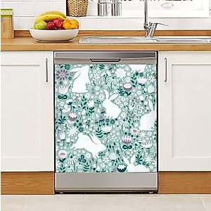 Dishwasher Magnet Cover Seamless from Silhouettes of Rabbits and Wildflowers Hand Drawn Magnetic Refrigerator Stickers Decorative Appliance Cover Fridge Panels Metal Door Garage 23"Wx26"H