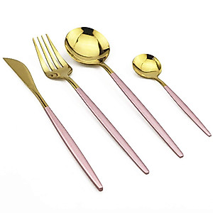 JANKNG 24-Piece Flatware Set, 18/0 Stainless Steel Knife Fork Spoon Teaspoon Silverware Set, Service for 6, Pink Handle Gold