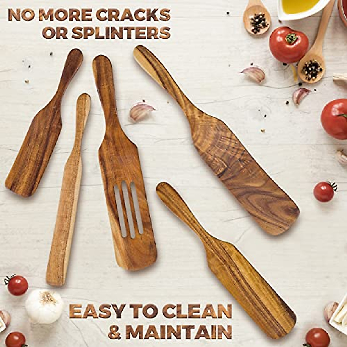 Wooden Spurtle Set Of 5 For Cooking, Acacia Wooden Utensils For Cooking, Wooden Spoons for Cooking, Non-Stick Tool Sets, Versatile Tools, As Seen On TV Bamboo Spatulas, Premium Utensil Spoons