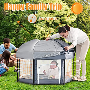 Baby Playpen Foldable Indoor & Outdoor, Onasti Play Yard with Children's Soft Mat, Compact Fence Packable Dome UV Protection, Suitable for Travel/Beach/Picnic Activity Center (Hexagon)