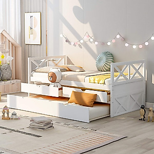 LZ LEISURE ZONE Twin Size House Bed, Solid Wood Platform Bed with Trundle, 3 Storage Drawers and Roof, White