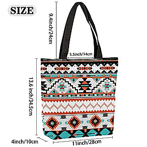 Ethnic Aztec Canvas Tote Bag, Eco Friendly Reusable Grocery Shopping Bags Beach Bag Book Tote Handbags Washable Shoulder Bag With Zipper Inner Pocket for Women Girls