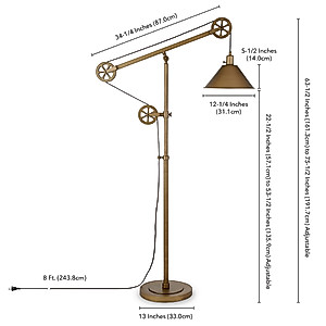 Henn&Hart Pulley System Floor Lamp with Metal Shade in Antique Brass/Antique Brass, Floor Lamp for Home Office, Bedroom, Living Room