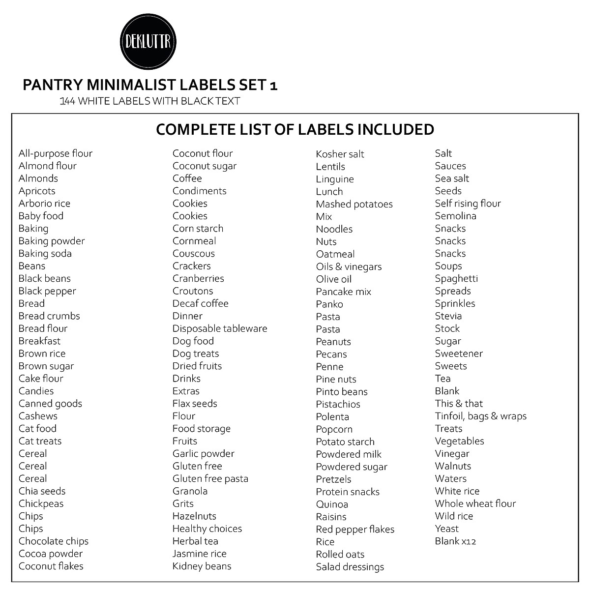Dekluttr Pantry Labels for Containers Waterproof Minimalist Preprinted Canister Labels Pantry Organization Labels for Food containers Plastic and Glass White Vinyl Label Set Only Pantry 1