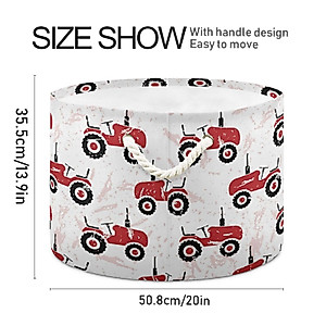Red Old Wheeled Tractors Round Collapsible Waterproof Storage Bin with Sturdy Handle Decorations for Gift Gift Toys