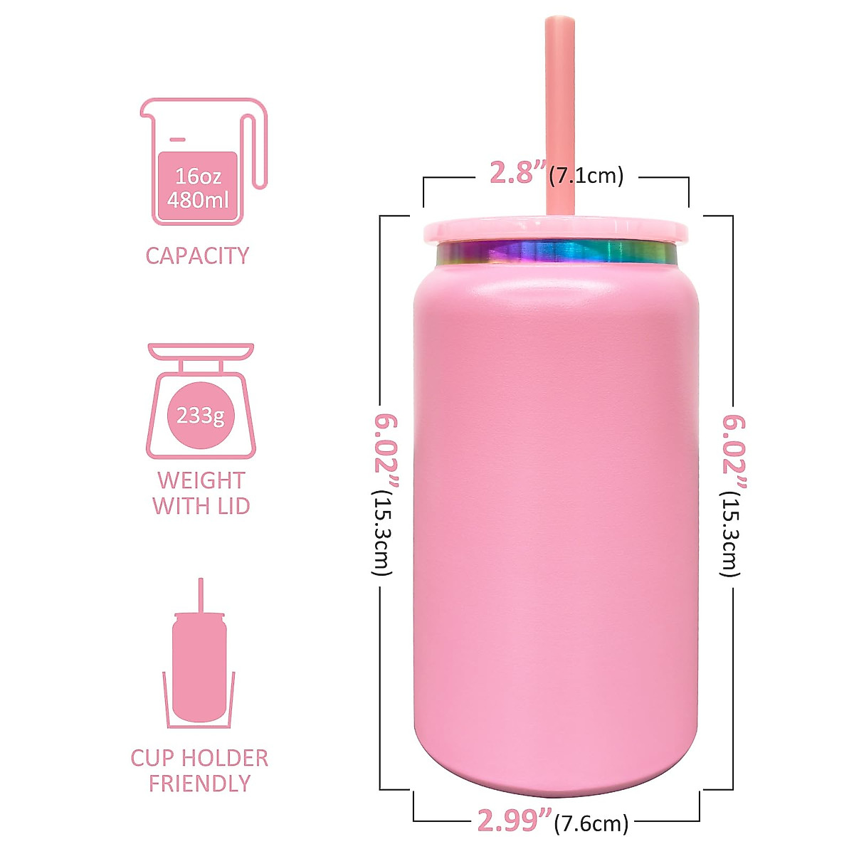 Glass Cups with Lids and Straws, 16 oz Stainless Steel Cups, Insulated Skinny Tumbler, Powder Coated Travel Mugs for Laser Engrave, Iced Coffee Cup for Smoothie Water DIY Gift (Pink,1 pack)