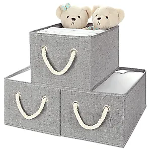 TOPIA HOME Closet Organizers and Storage Bins for Shelves, EXTRA LARGE, 3-Pack Foldable Storage Baskets for Organizing with Rope Handles, Collapsible Fabric Cube Organization Boxes, Gray, TP03DG