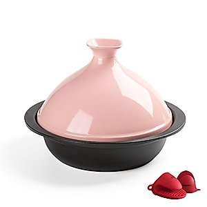 ECBCUEG Home 24Cm Lead Free Cooking Tagine, 1.5L Enameled Cast Iron Tangine with Ceramic Lid for Different Cooking Styles Compatible with All Stoves,Pink (Pink)