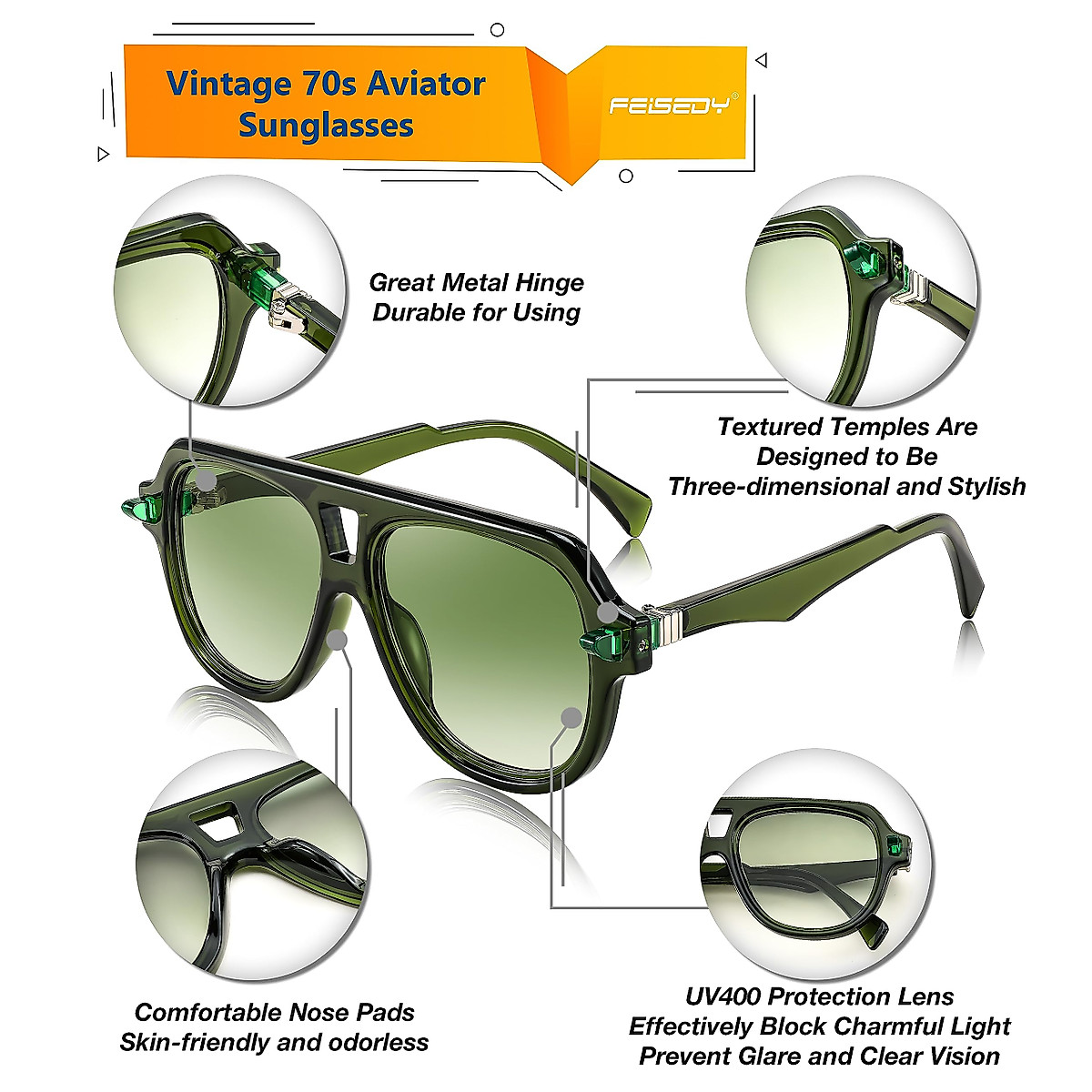 FEISEDY Vintage 70s Aviator Sunglasses Men Women Classic Retro Trendy Large Frame UV400 Sun Glasses B0030