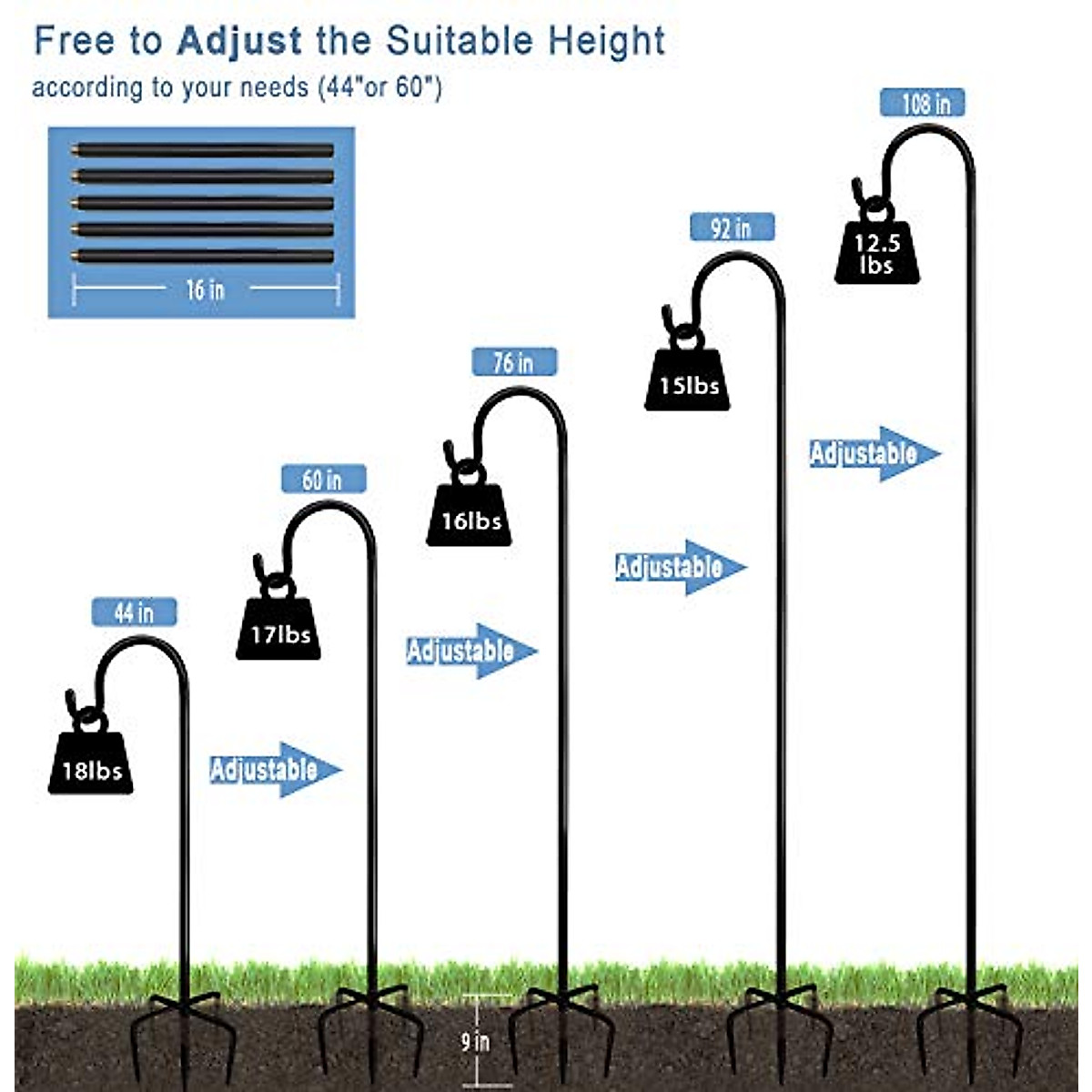 Artigarden 108 inch Outdoor Shepherd Hook with 5 Prong Base (1 Pack), Adjustable Heavy Duty Garden Hanging Stake for Bird Feeder Solar Light Plant Hanger Wedding Decor, Matte Black