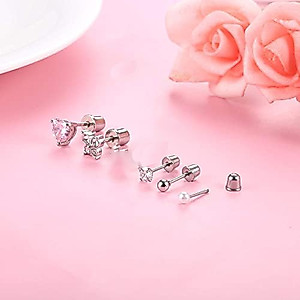 Udalyn 6 Pairs Hypoallergenic Screwback Earrings Tiny Pearl Ball Heart Butterfly Flower CZ Stud Earrings Set Stainless Steel Stud Earrings for Women 18G-20G