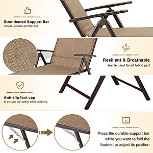 Esright Outdoor Chaise Lounge Chair,Folding Textiline Reclining Lounge Chair for Beach Yard Pool Patio with 7 Back & 2 Leg Adjustable Positions,Brown