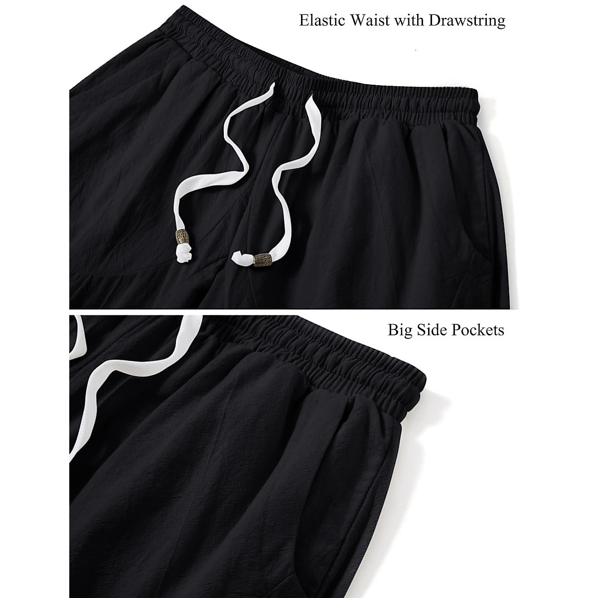 EKLENTSON Mens Beach Pants Elastic Waist Drawstring Capri Shorts Loos Fit Baggy Summer Cotton Linen Pants Men, Black, 38