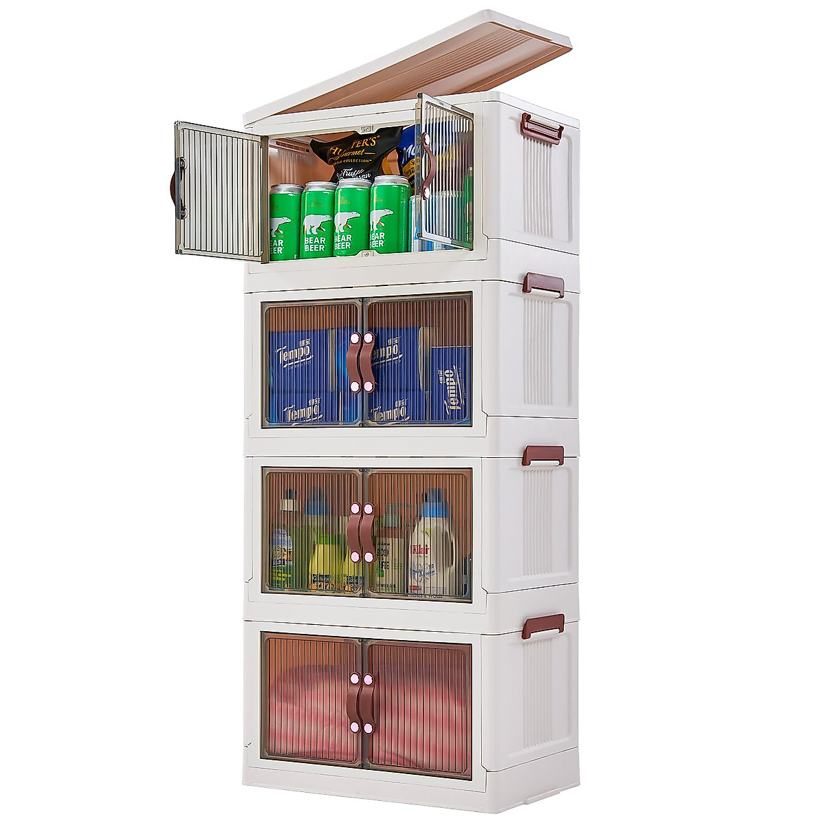 Bearhug Collapsible Stackable Storage Bins, 4 Packs, 8.7 Gal, Foldable Storage Bins with Doors and Wheels - Dual Opening Foldable Cabinet Organizer for Home and Office (8.7 Gallon Capacity, Set of 4)