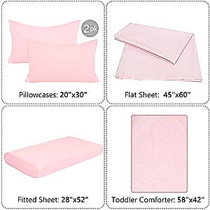 TILLYOU 5-Piece Solid Toddler Bedding Set for Boys or Girls, Bed-in-a-Bag Microfiber Comforter Set, Includes 1 Top Flat Sheet, 1 Mattress Sheets, 1 Padded Quilt and 2 Envelope Pillowcases, Pink