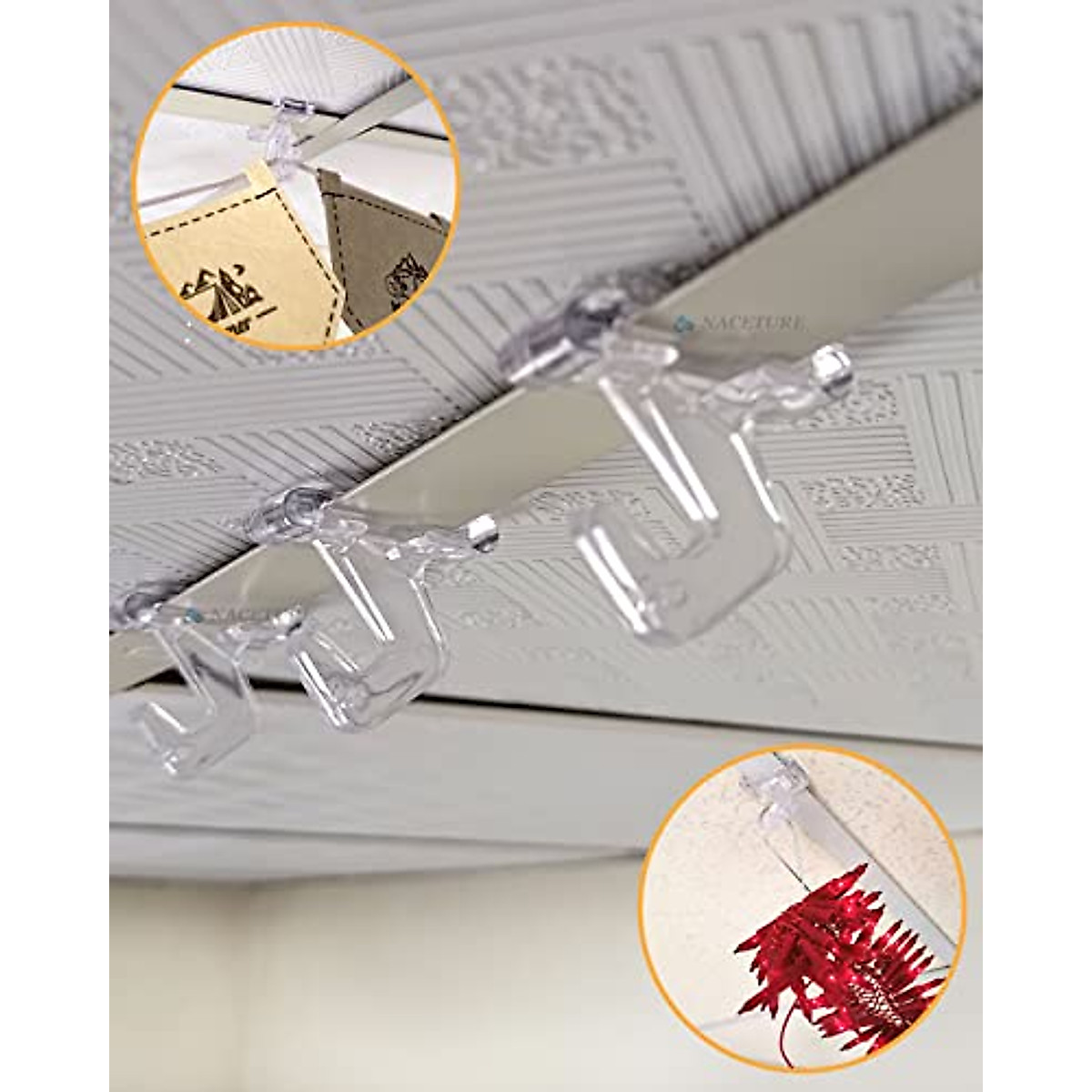 NACETURE Clear Drop Ceiling Hooks Classroom Decorations - 25 Pack Polycarbonate Ceiling Hanger Hooks for Hanging Track Clip on Suspended Ceiling Tile Grid for Office Home Stores Decorations