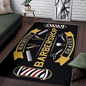 Barber Rug Barber Shop Haircut and Shave Black Full Size Area Rug for Living Dinning Room Bedroom Kitchen, Nursery Rug Floor Carpet Yoga Mat