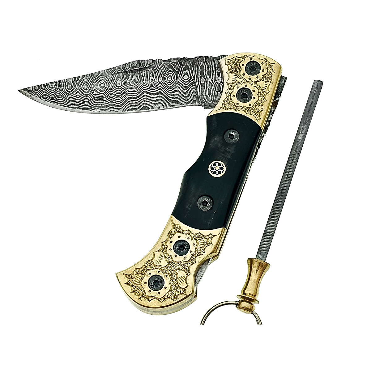 Damascus Steel Blade Folding Pocket Hunting Lock Knife With Real Leather Sheath For Camping Fishing Outdoor. SM106