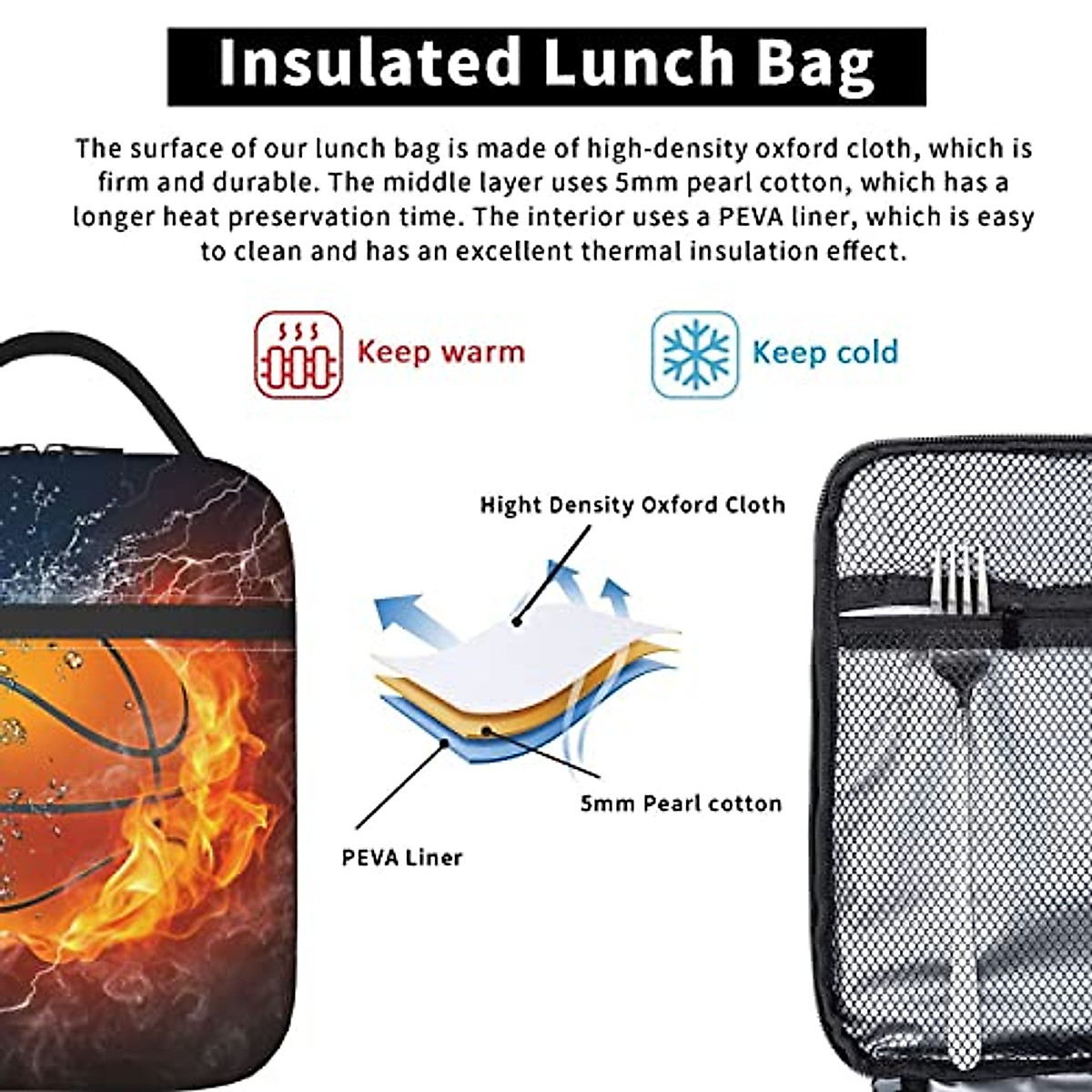 Echoserein Cool Basketball Ball Lunch Bag For Men Boys Insulated Lunch Box Reusable Lunchbox Waterproof Portable Lunch Tote