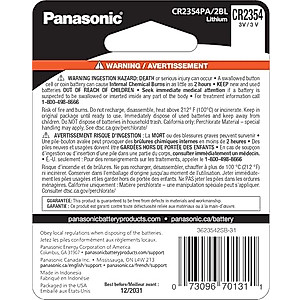 Panasonic CR2354 3.0 Volt Long Lasting Lithium Coin Cell Batteries in Child Resistant, Standards Based Packaging, 2-Battery Pack